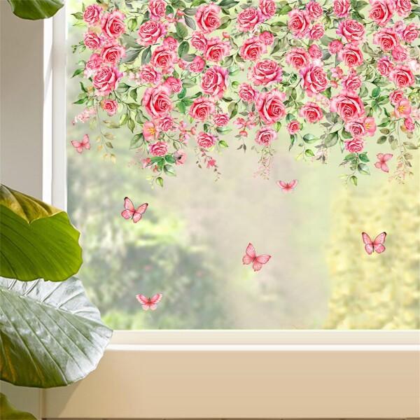 Hikosiya 静電ステッカー 窓ステッカー 観葉植物 花 薔薇 窓 ドア 鏡 ガラス ピンク 飾り 剥がせる 静電気シール インテリア おしゃれ ステッカー DIY PVC素材 生活防水 部屋飾り 店舗飾り (862)商品コード：490...