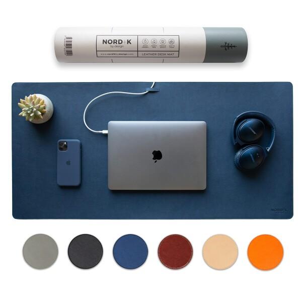 Nordikフェイクレザーデスク マット ケーブル オーガナイザー (ブルー 90 X 43 cm) プレミアム拡張マウス マット ホーム オフィス アクセサリー用 - フェルト ビーガン ラージ レザー デスク パッド プロテクター &a...
