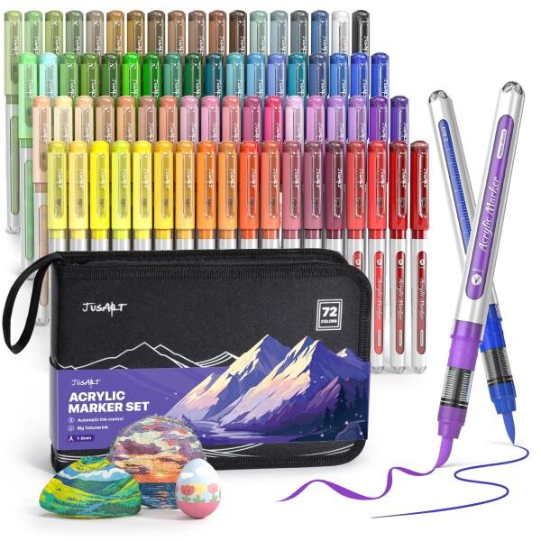 JusArt アクリルマーカーペン 72色セット 水性 キラキラ 太字 アクリル絵の具 大容量 イラスト 布/ガラス/プラ/石/木材/陶器/金属に書ける カラーマーカー DIY デザイン アート 塗装 塗り絵 ペイント商品コード：49081...