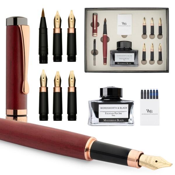 Wordsworth &amp; Black Calligraphy Pen Gift Set, インク瓶、6個のインクカートリッジ、インクコンバーター、6個の替えニブ、高級竹、ジャーナリング、書き味スムーズなペン (バイオレットウッド)商...