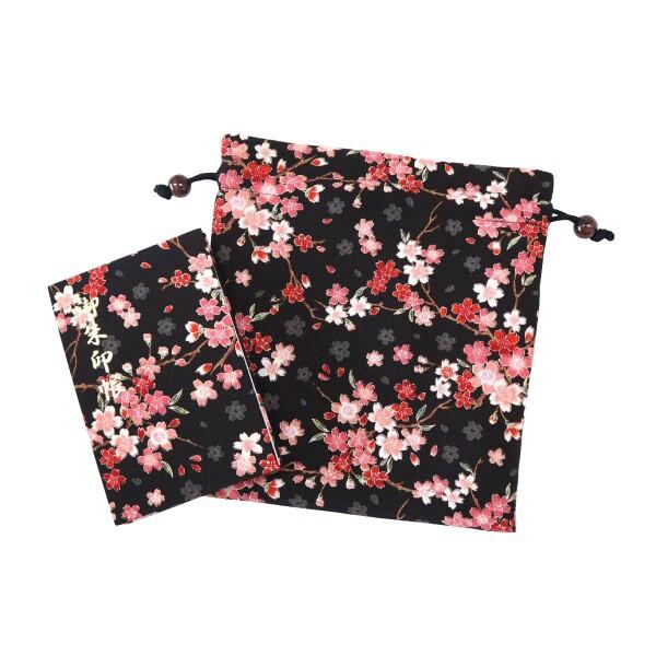 和柄 御朱印帳 巾着 セット 集印帳 ご朱印帳入れ 16×10.9cm ちりめん 綸子 蛇腹式 24折48面 (舞桜黒)商品コード：49081139350型番：6907-setカラー：舞桜黒巾着【サイズ・生産地】22×24cm・日本製【水に...