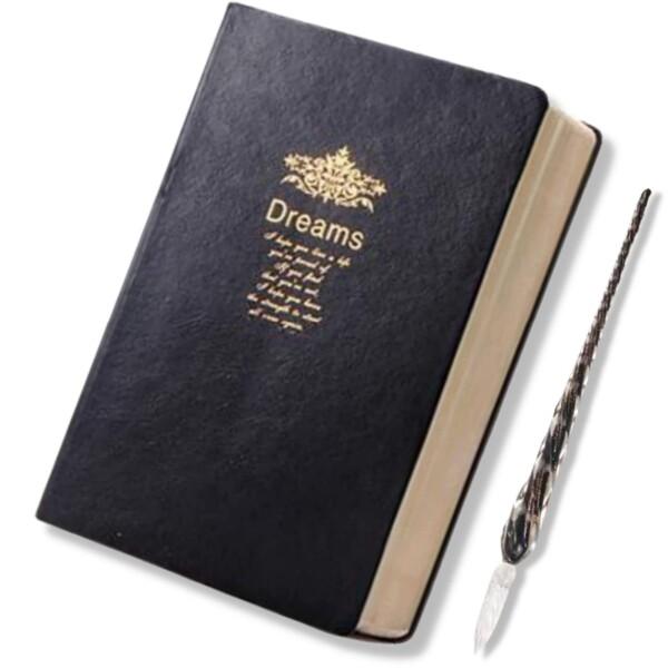 Wanda-b アンティーク 風 重厚感 辞書 のような A5 サイズ ブラック ゴールド 金文字 Dreams ノート 男性用 女性用 日記 や 雑記帳 絵コンテ 小説 アイデア帳 クラシック レトロ 調 ガラスペン セット商品コード：4...
