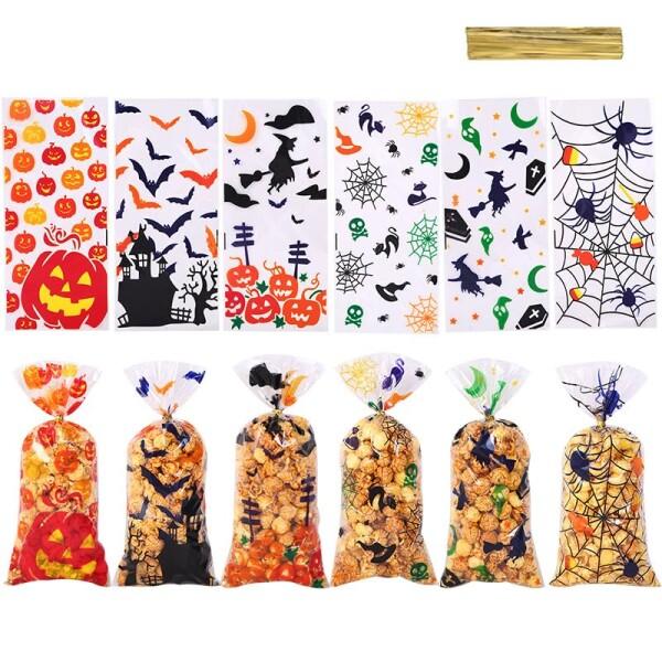 50 pcs cellphone halloween gift bag 50個 ハロウィン 金色のねじれ かぼちゃ クモ コウモリ匹 プリント ビニール袋 菓子パン パーーティー ギフトバッグ (H2)商品コード：49081141359型番...