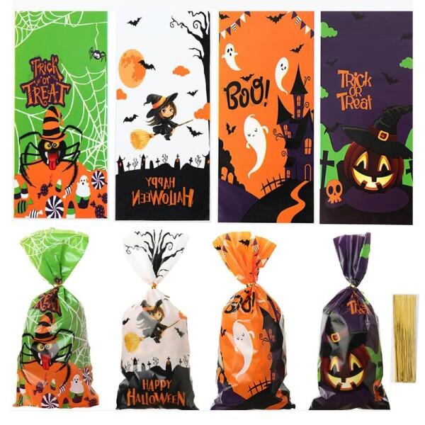 50 pcs cellphone halloween gift bag 50個 ハロウィン 金色のねじれ 紙包み かぼちゃ 魔女 猫（ねこ）幽霊（ゆうれい）プリント ビニール袋 菓子パン パーーティー ギフトバッグ (H1)商品コード：49...