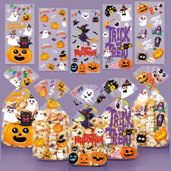 50 pcs cellphone halloween gift bag 50個 ハロウィン 金色のねじれ 紙包み かぼちゃ 魔女 猫（ねこ）幽霊（ゆうれい）プリント ビニール袋 菓子パン パーーティー ギフトバッグ (H3)商品コード：49...