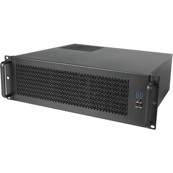 IPCHASSIS 3Uサイズのラックマウント型サーバーケースです。ブラックの産業用PCシャーシであり、前面にUSBポートを装備しています。複数の冷却ファンと多数のストレージドライブ（HDD/SSD）の増設に対応し、ATX規格の電源が使用可...