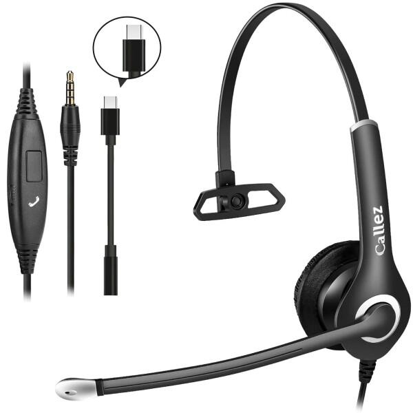 Callezヘッドセット3.5mm 片耳 マイク付き ノイズキャンセリング 携帯電話用ヘッドフォン PC用ヘッドセット 3.5mm有線ヘッドホン USB-C接続 iPhone Android iPad PC ラップトップ Mac 対応 Zo...