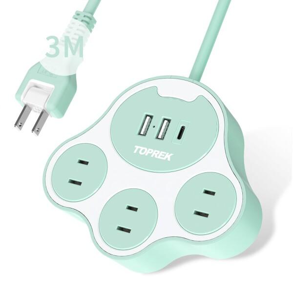 TOPREK 猫の足型 電源タップ グリーン USB コンセント 延長コード 3M 3個AC口 2個USB-Aポート 1個USB-Cポート(USB-C 20W PD3.0 急速充電) 1500W/12A 180°スイングプラグ 雷サージガー...