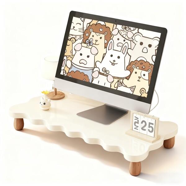 モニター台 卓上 pc台 木製 パソコン台 机上整理 目線アップ 猫背防止 組立簡単 モニタースタンド おしゃれ 可愛い 耐荷重20kg キーボード収納 マウス収納 文房具収納 幅55/60/70×奥行24cm 高さ8cm ホワイト?波状商...