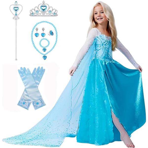 (YITING) 子供 用 プリンセス ドレス 子供 コスプレ 衣装 豪華7点セット ・アイスブルー (プリンセスドレス, ハートのティアラ, 魔法のステッキ, 手袋, ネックレス, リング, イヤリング）商品コード：49081144098...