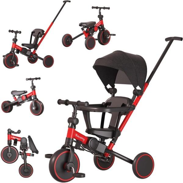 Bacany 子供用三輪車 7in1 三輪車 ステップ付き 折りたたみ 手押し棒 おしゃれ 1歳-6歳 コンパクト 自転車 おもちゃ 乗用玩具 幼児用 プレゼント おもちゃ 調整可能 お祝い ギフト シートベルト付き (レッド)商品コード：...