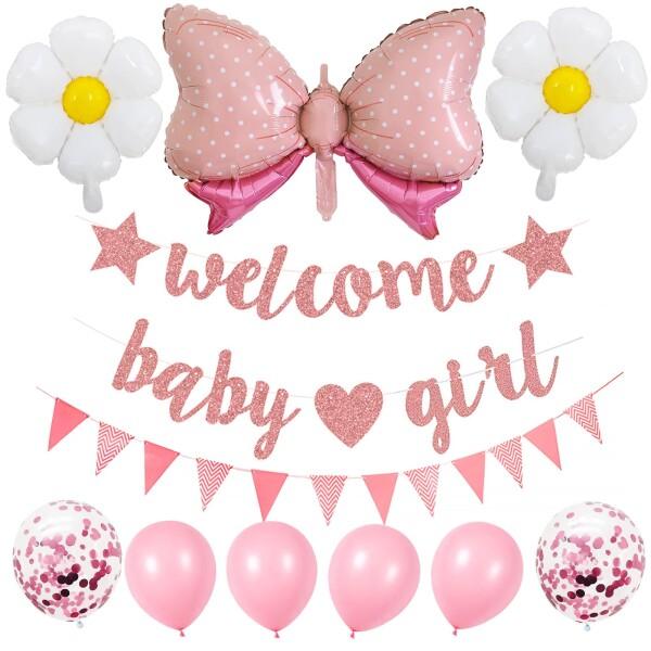 Drado ウェルカムベビー ベビーシャワー 飾り付け 出産祝い 女の子 風船 welcome baby girl ガーランド デイジーバルーン 三角フラッグ かわいい 性別発表 誕生祝い デコレーション パーティー（ピンク）商品コード：4...