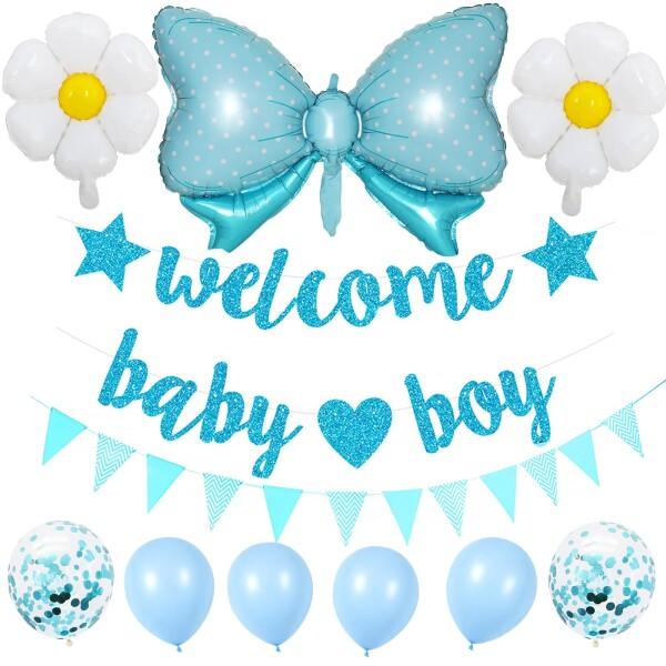Drado ウェルカムベビー ベビーシャワー 飾り付け 出産祝い 男の子 風船 welcome baby boy ガーランド デイジーバルーン 三角フラッグ かわいい 性別発表 誕生祝い デコレーション パーティー（ブルー）商品コード：49...