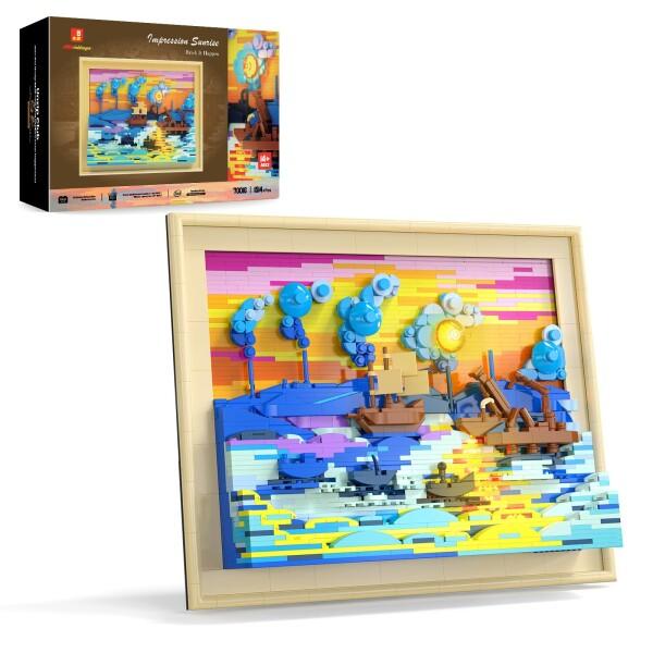 JMBricklayer 印象・日の出 ブロックセット ライト付き 70016、3Dモネ 壁掛けアート 工芸品、大人向け アートペインティングフレーム ホームウォール&amp;デスクトップディスプレイデコレーション クリスマス 誕生日プレゼ...