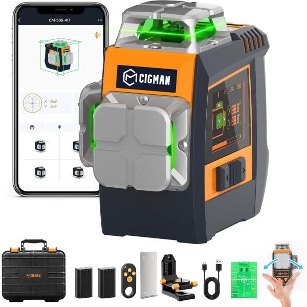 CIGMAN 4制御方式レーザー墨出し器 手勢/ボタン/リモコン/アプリ ±1.5mm高精度 3Dグリーンレーザー 頻閃モード搭載 長時間稼働 DIY プロ向け CM-S05商品コード：49081150146型番：CM-S05カラー：オレン...