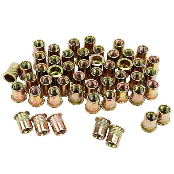 PRECIHW カーボンスチールリベットナット 50個 3/8インチ-16 UNC フラットヘッドリベットナットねじインサートナットセット 3/16 リベットインサート ローレットボディ 自動車/家具/装飾用 (イエロー亜鉛メッキ仕上げ)商...