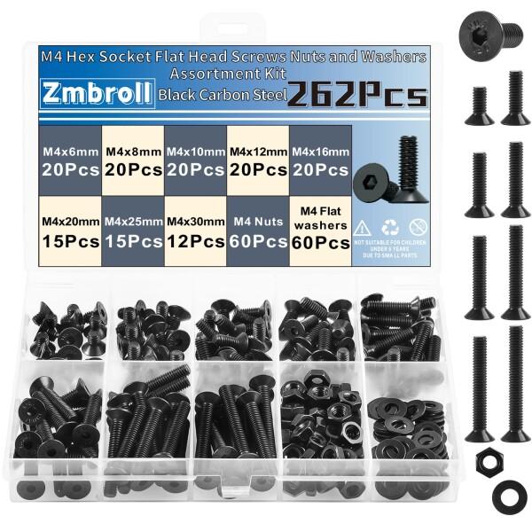 Zmbroll 262個皿頭ソケットキャップねじ M4 x 6/8/10/12/16/20/25/30mm 合金鋼 ブラック 全ねじ式メトリック小ネジ ボルト ワッシャー ナット 詰め合わせキット商品コード：49081154831型番：26...