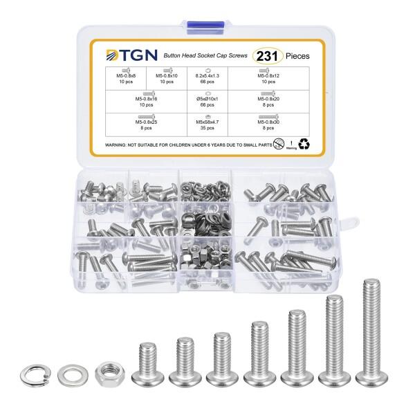 DTGN 231個M5-0.8x8/10/12/16/20/25/30mmボタンヘッドソケットキャップボルト - 304ステンレススチールボルトナットセットワッシャーアソートメントキット - ロードバイク マウンテンバイク オート用に適して...