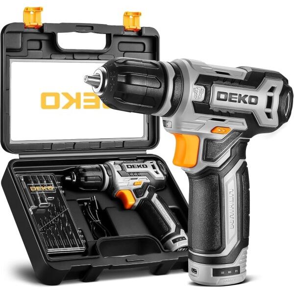 DEKO 電動ドリル 12V コードレスドリルドライバー 無断変速 正逆切替 最大28N・m 18+1段階トルク調整 二段変速 LED照明 電動穴あけ・ネジ締付工具 29点の付属品付き グレー商品コード：49081171908型番：bb4f...