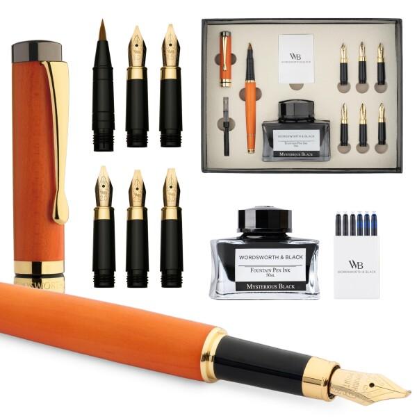 Wordsworth &amp; Black Calligraphy Pen Gift Set, インク瓶、6個のインクカートリッジ、インクコンバーター、6個の替えニブ、高級竹、ジャーナリング、書き味スムーズなペン (チェリーウッド)商品コ...