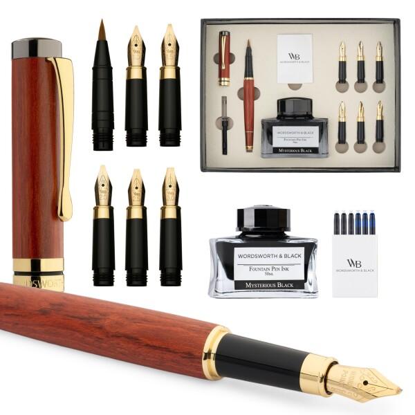 Wordsworth &amp; Black Calligraphy Pen Gift Set, インク瓶、6個のインクカートリッジ、インクコンバーター、6個の替えニブ、高級竹、ジャーナリング、書き味スムーズなペン (ローズウッド)商品コー...