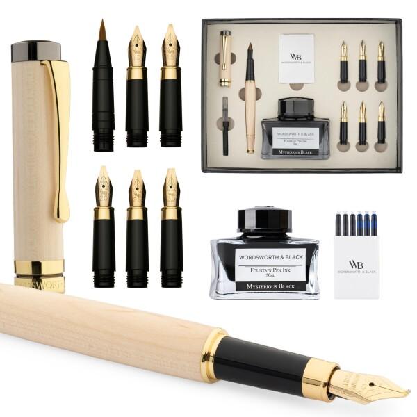 Wordsworth &amp; Black Calligraphy Pen Gift Set, インク瓶、6個のインクカートリッジ、インクコンバーター、6個の替えニブ、高級竹、ジャーナリング、書き味スムーズなペン (メープルウッド)商品コ...