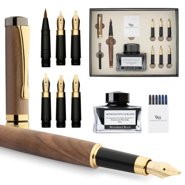 Wordsworth &amp; Black Calligraphy Pen Gift Set, インク瓶、6個のインクカートリッジ、インクコンバーター、6個の替えニブ、高級竹、ジャーナリング、書き味スムーズなペン (ブラウンウッド)商品コ...