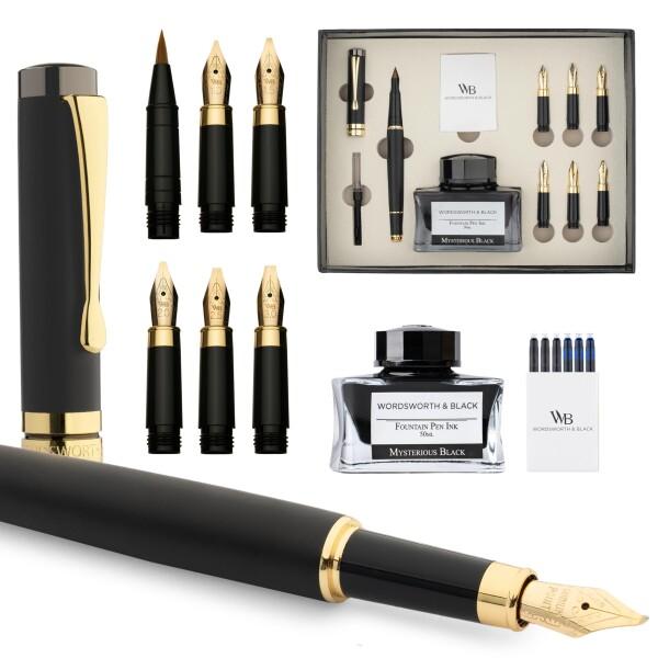 Wordsworth &amp; Black Calligraphy Pen Gift Set, インク瓶、6個のインクカートリッジ、インクコンバーター、6個の替えニブ、高級竹、ジャーナリング、書き味スムーズなペン (ブラックウッド)商品コ...