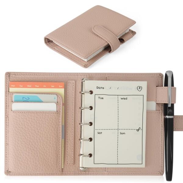 oyaka システム手帳 M5 手帳 バインダー 5穴 カードケース 薄型 軽量 筆挿し付き メモ帳 カード収納 学生 通勤 スケジュール帳 日記帳 ポケットサイズ オフィス用品 ピンク商品コード：49081216472型番：システム手帳サ...