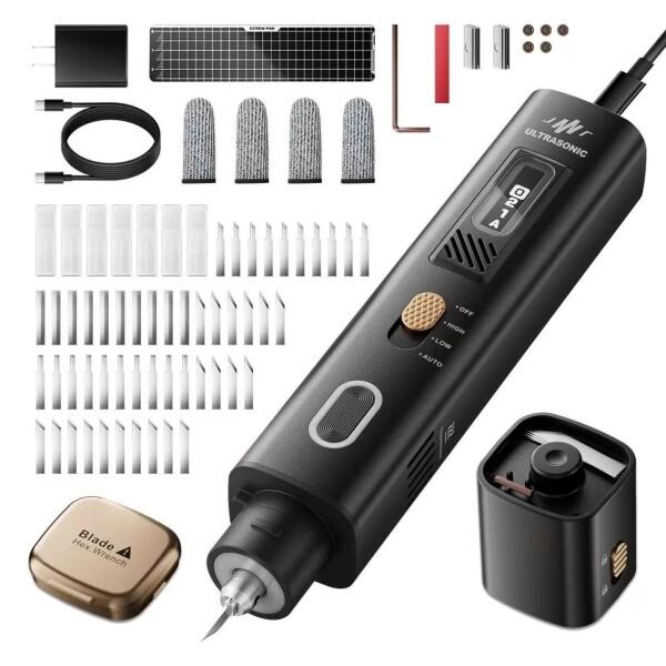 2-in-1超音波カッター、35W軽量ハンドヘルド超音波カッター。50枚の交換用ブレードが付属し、OLEDディスプレイを搭載。プラスチック、木材、樹脂、ポリエチレン、革などの3Dプリントモデルの加工に最適で、PSE認証済み（日本語説明書付き...