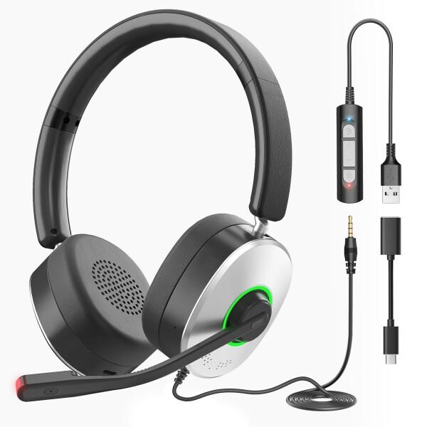 Wantek ヘッドセット 有線 USB Type-C 3.5mm 両耳 ノイズキャンセリングマイク付き オンライン制御 PCスマホ用ヘッドホン Skype Zoom Web会議 オンライン授業 在宅勤務 業務用 リモートワーク コールセン...