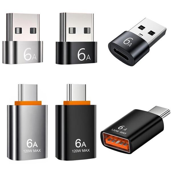USBC to USB アダプター「6個入り」Type C オス to USBA メス/Type C メス to USB-A オス 変換アダプタ USB3.1 対応 6A 120W スマホ・タブレット対応 (ブラック4個 &amp; シルバ...