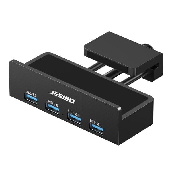 JESWO USBハブ 4ポート クリップ式 固定 USB3.0ハブ USB 拡張 5Gbps超高速転送 5V/1A-3A給電ポート付き バスパワー/セルフパワー両対応 1.5mケーブル アルミニウム合金 HUB PC/机の縁に固定でき W...