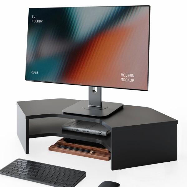 Fenge モニター台 卓上 パソコン台 机上台 46cm横幅 木製天板 2段 PC台 収納 モニタースタンド ブラック G04B2052B商品コード：49081223750型番：G04B205-MAINカラー：ブラック【三角コーナーモニタ...