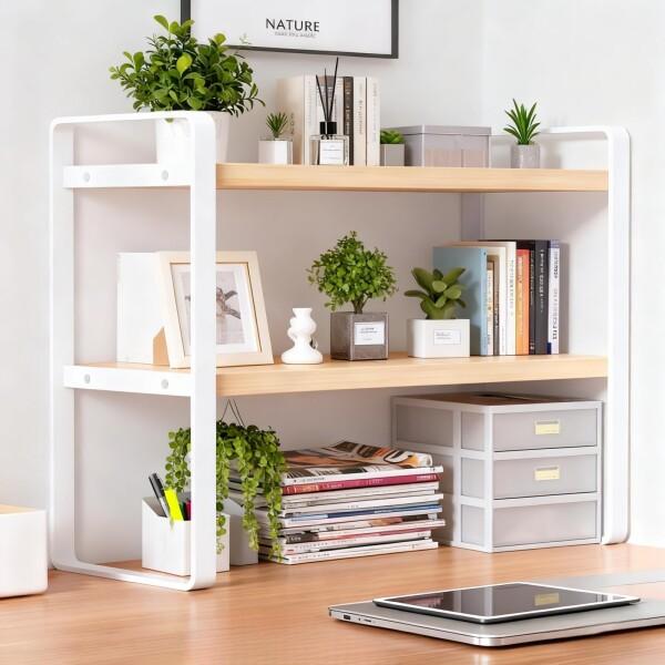 卓上ラック、机の上に置く棚、デスク 整理 大容量 デスク ラック，小物収納、組み立てが簡単で、自宅、オフィス、寮に適しています (ホワイト2層+木目調)商品コード：49081250514型番：RCSS63サイズ：Mediumカラー：ホワイト...