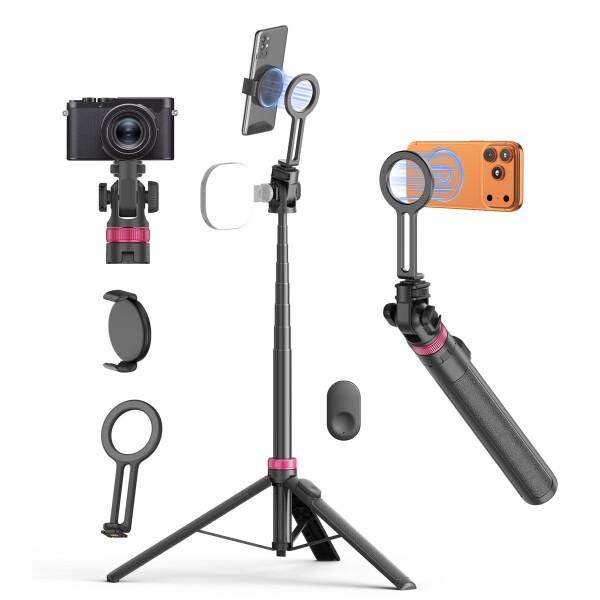 Gahenwo 175cm スマホ 三脚 マグネット 自撮り棒 Magnetic クリップ 付き 磁気 セルカ棒 じどり棒 7段階伸縮 卓上 カメラ 三脚 ウェブカメラスタンド 1/4"ネジ 片手操作 遠隔リモコン付き 150cm以上 コン...