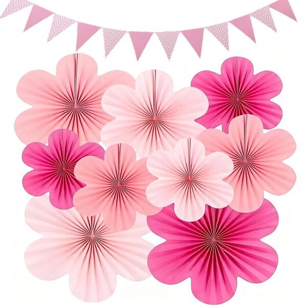 Giyomi ペーパーファン 扇フラワー　紙ファン　お花紙9枚 三角旗　ガーランド 1本セット　桜　花　春　ピンク系　緑系　雰囲気装飾　パーティー　結婚式 誕生日　ひな祭り　お祝い お祭り　飾り付け　記念日撮影 店舗装飾 壁デコレーション ...