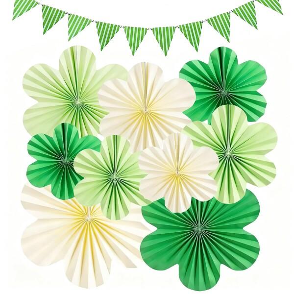 Giyomi ペーパーファン 扇フラワー　紙ファン　お花紙9枚 三角旗　ガーランド 1本セット　桜　花　春　ピンク系　緑系　雰囲気装飾　パーティー　結婚式 誕生日　ひな祭り　お祝い お祭り　飾り付け　記念日撮影 店舗装飾 壁デコレーション ...