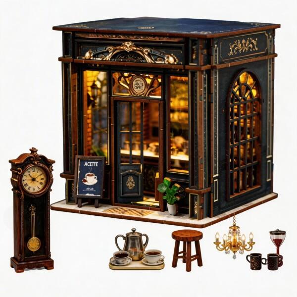 Pixie Curio ドールハウス キット ミニチュア キット 3D 木製 立体パズル 中世風 LEDタッチスイッチ DIY 本棚飾り ブックヌック キット カラー説明書付き ティーンと大人向け 誕生日ギフト 人気商品（中世レトロカフェ）...