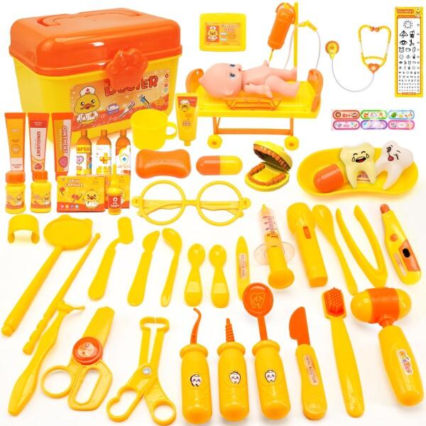 CORPER TOYS お医者さんごっこ お医者さんセット 歯医者ごっこ遊び 6種類セット ミニドクター 歯の模型 診察道具 人形付き 52PCS 社会性 言語力 知育おもちゃ 想像力育ち 収納ボックス付き クリスマス プレゼント イエロー...