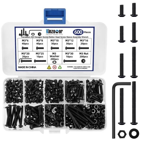M3 ネジ 黒染め炭素鋼 丸皿頭六角穴付きボルト 600PCS ナット+ワッシャー + 六角レンチ 収納ケース付き DIY/家具/電気設備 固定用キット （M3X6/8/10/12/16/20/25/30mm）商品コード：490812762...
