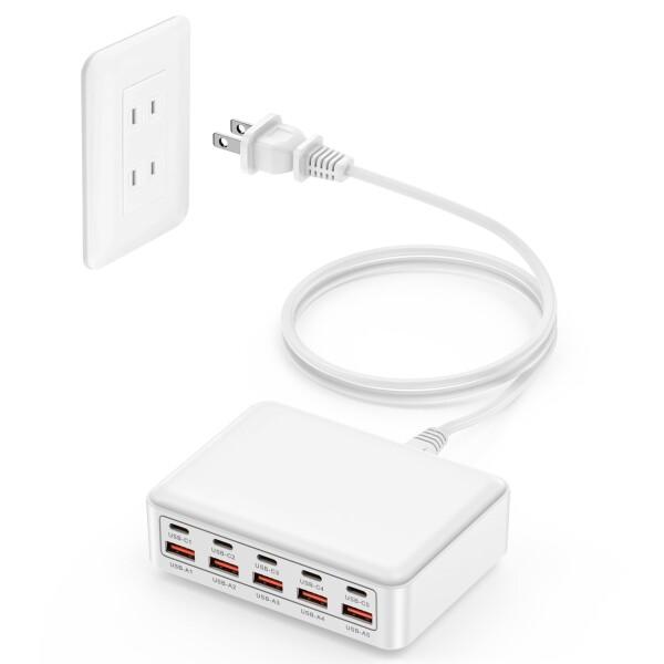 Viviber10ポート USB充電器 70W 急速充電ハブ タワー型 タイプC 5ポート搭載 USB-C PD対応 電源タップ iPhone17/16 Android iPad MacBook対応 コンセントタップ 白 PSE認証 卓上商...