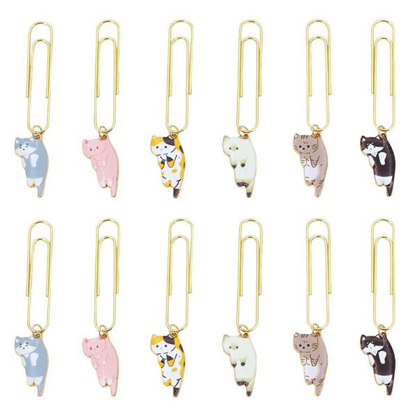 CHENLONB ペーパークリップ エナメル猫付き 6種類 12個セット 金属製 可愛い ネコ型 ページクリップ ブックマーク 文房具 書類整理 付箋 メモ帳用商品コード：49081313056型番：MJHHJ349カラー：銀色, 灰色【セ...