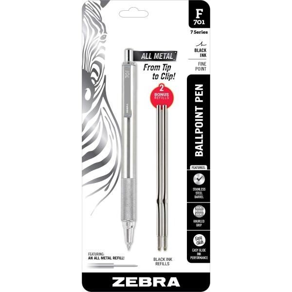 Zebra F-701 メタルペン ボールペン 細字 ステンレススチールペン 刻み付きグリップ 0.8mm ブラックインク ゼブラF701 格納式シルバーメタルペン ブラックインク詰め替え2本付き 男女兼用 21213ELG商品コード：49...