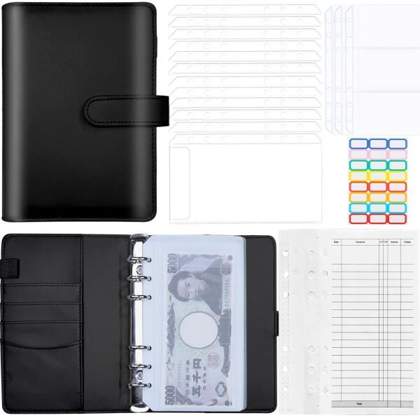 お札管理ケース PU A6お金バインダー お金わけるファイル 家計管理ケース 12枚袋分け 3枚カード収納ポーチ メモ帳 6穴システム手帳 ブラック商品コード：49081316770型番：S-AKKDB-2025BLKサイズ：A6カラー：ブ...