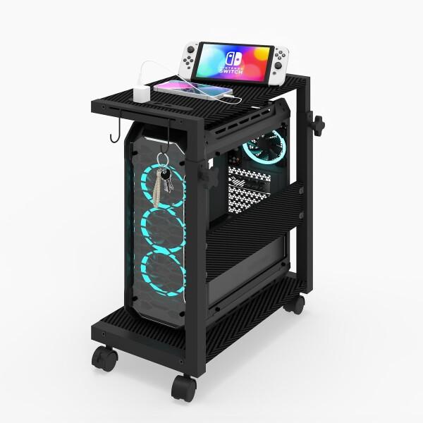 Druvia パソコンラック pcラック pcワゴン 昇降式 幅49×奥行29×高さ52〜84cm コンセント付き キャスター付き 耐荷重は15kg 高さ調整可能 デスクサイド収納 LEDライト付き (炭素繊維ブラック)商品コード：4908...