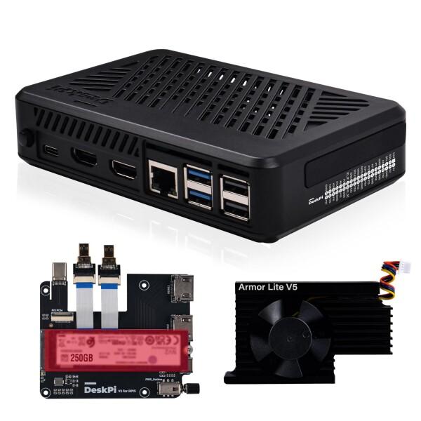 GeeekPi DeskPi Lite Pi5 ケース 電源ボタン、PCIe to M.2 HAT、アクティブクーラー、デュアルフルサイズHDMI、Raspberry Pi 5用、M.2 NVMe M-Key 2230/2242/2260/...