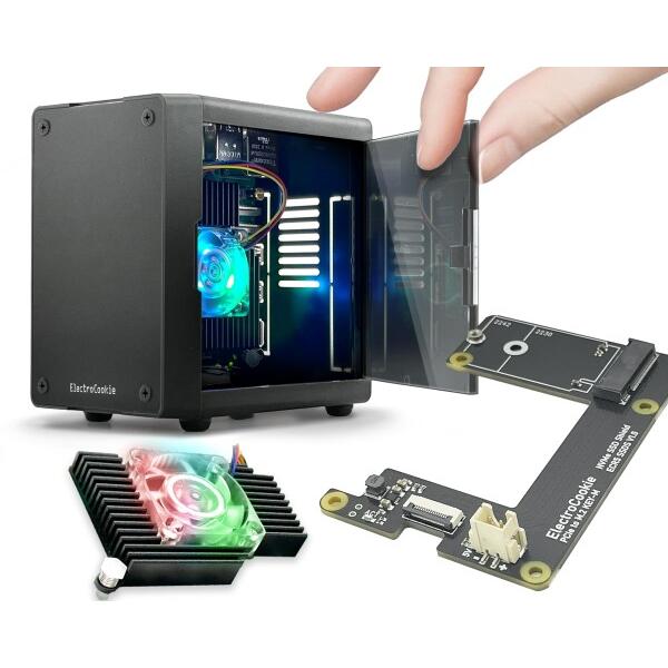 ElectroCookie Mini PCケース Raspberry Pi 5用 M.2 NVMe SSD PCIe HAT &amp; Active RGB ライティングクーラー (ブラックケース + M.2 HAT (ECR5 SSDS...