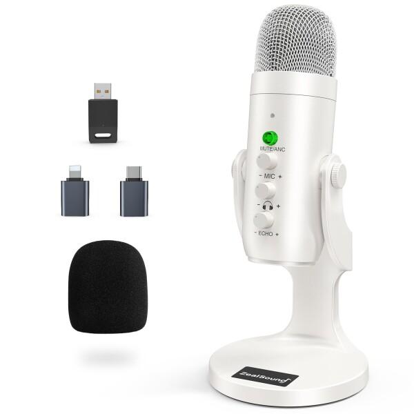 ZealSound ワイヤレスマイク、*Phone PC iPad Android Phone用USBマイク、ミュートエコーモニターボリュームゲインBluetooth 2.4GHz付きコードレスコンデンサーデスクトップマイク、ポッドキャスト...