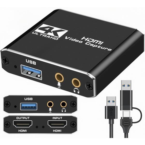 キャプチャーボードは4K HDMI パススルー 機能を搭載しています 1080P 60Hz USB 3.0 ビデオゲーム キャプチャーカード 高速転送 低遅延 ゲーム実況生配信ライブ、ビデオ会議録画、リアルタイムストリーミング 画面共有 S...